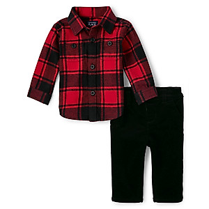 The Children's Place Baby Boys' and Toddler Long Sleeve Button Down Shirt and Chino Pants, 2 Piece Outfit, Red/Black Plaid, 0-3 Months