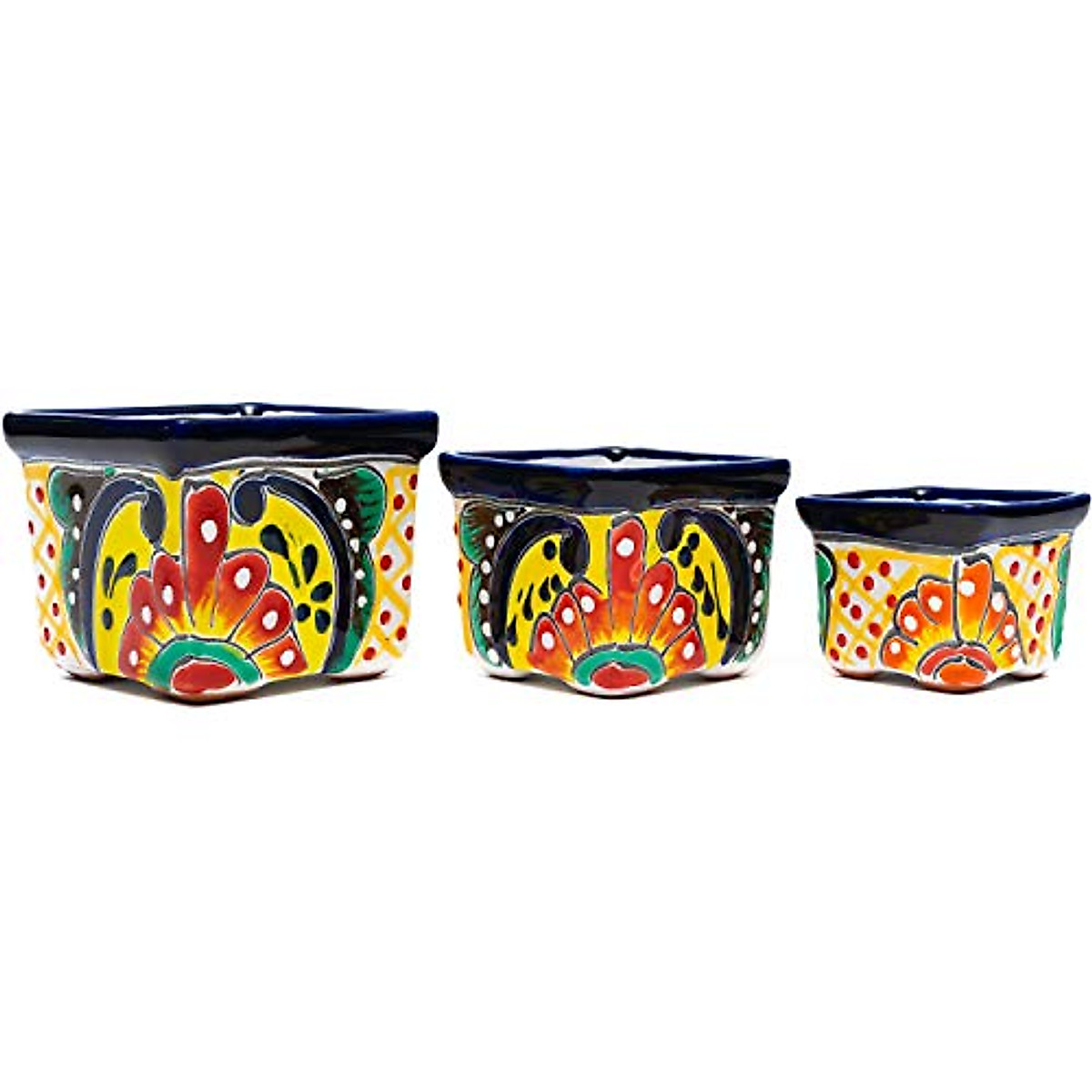 Enchanted Talavera Handmade Mexican Pottery Talavera Ceramic 3 Piece Set Succulent Pot Set Mini Flower Planter Cactus Pot Home Office Desk Décor Gift Small Shelf Desk Window Pottery (Multi-Color)