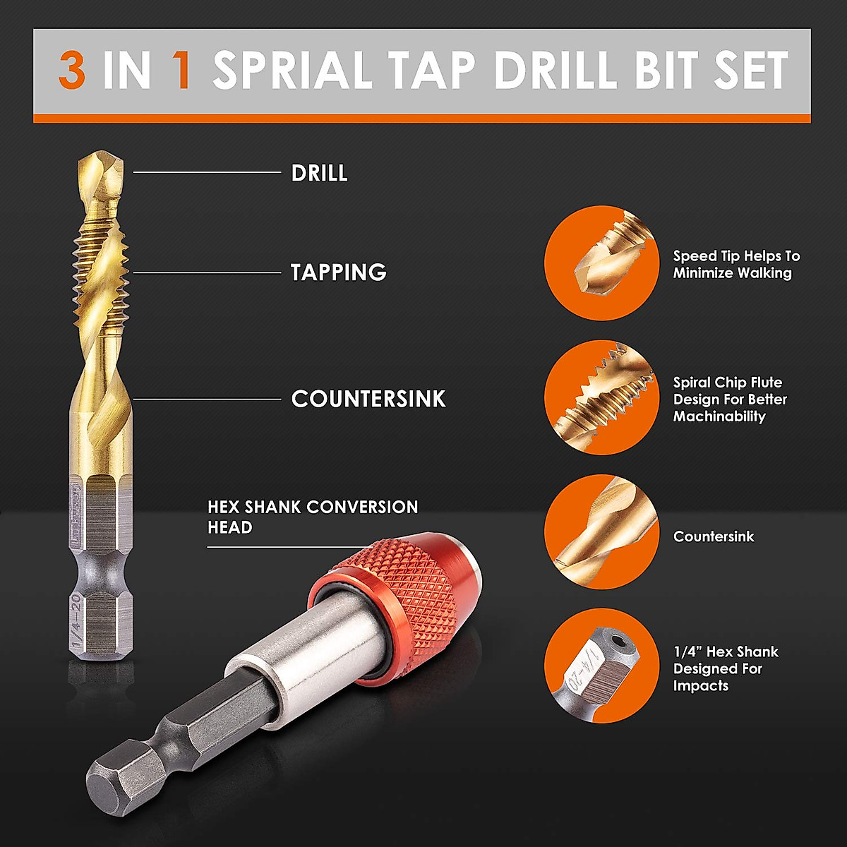 Luckyway 7-Piece Combination Drill and Tap Bits with Quick-Change Adapter, 3-in-1 Titanium Coated Screw Tapping Bit Tool for Drilling, Tapping, Countersinking