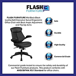 Flash Furniture Kale Mid-Back Black LeatherSoft Executive Swivel Ergonomic Office Chair with Back Angle Adjustment and Flip-Up Arms