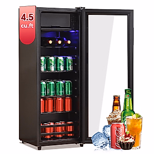 AXUTL 4.5 Cu.ft Glass Door Beverage Fridge with Freezer 160 Cans Beverage Refrigerator Mini Small, Drink Fridge Wine Beer Cooler with Office/Bar/Bedroom Compact Refrigerator, black