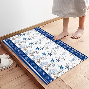 Door Mat for Bedroom Decor, Ocean Theme Blue Brown Seashell Starfish Coral and Vessel Floor Mats, Absorbent Rugs for Living Room, Non-Slip Bathroom Rugs Home Decor Kitchen Mat Area Rug 18x30 Inch