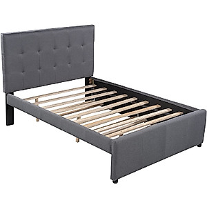CITYNIGHT Upholstered Full Size Platform Bed with Headboard and Trundle,Linen Wood Full Trundle Bed Frame for Kids Teens,No Box Spring Needed (Full,Grey+Trundle)