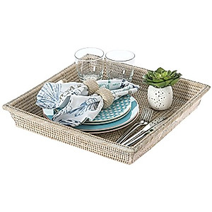 KOUBOO 1020047 La Jolla Rattan Square Serving Tray, 17.5" x 17.5" x 2.75", White Wash