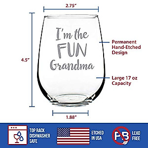 Fun Grandma – Cute Funny Stemless Wine Glass, Large 17 Ounce Size, Etched Sayings, Gift Box