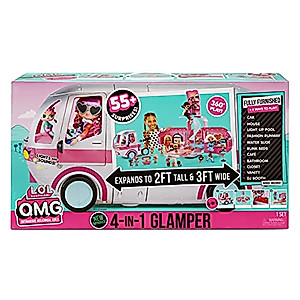 LOL Surprise OMG Glamper Fashion Camper Doll Playset with 55+ Surprises, Fully-Furnished with Light Up Pool, Water Slide, Bunk Beds, Cafe, BBQ Grill, DJ Booth - Gift Toy for Girls Ages 4 5 6 7+ Years