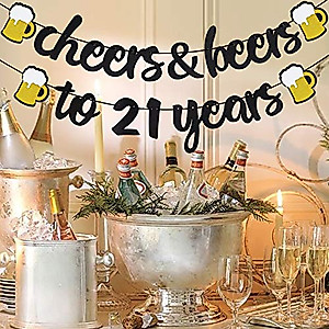 21th Birthday Decorations,Cheers & Beers to 21 Years Banner Black Glitter Banner for 21th birthday Backdrop Wedding Aniversary Party Supplies Decorations - PRESTRUNG