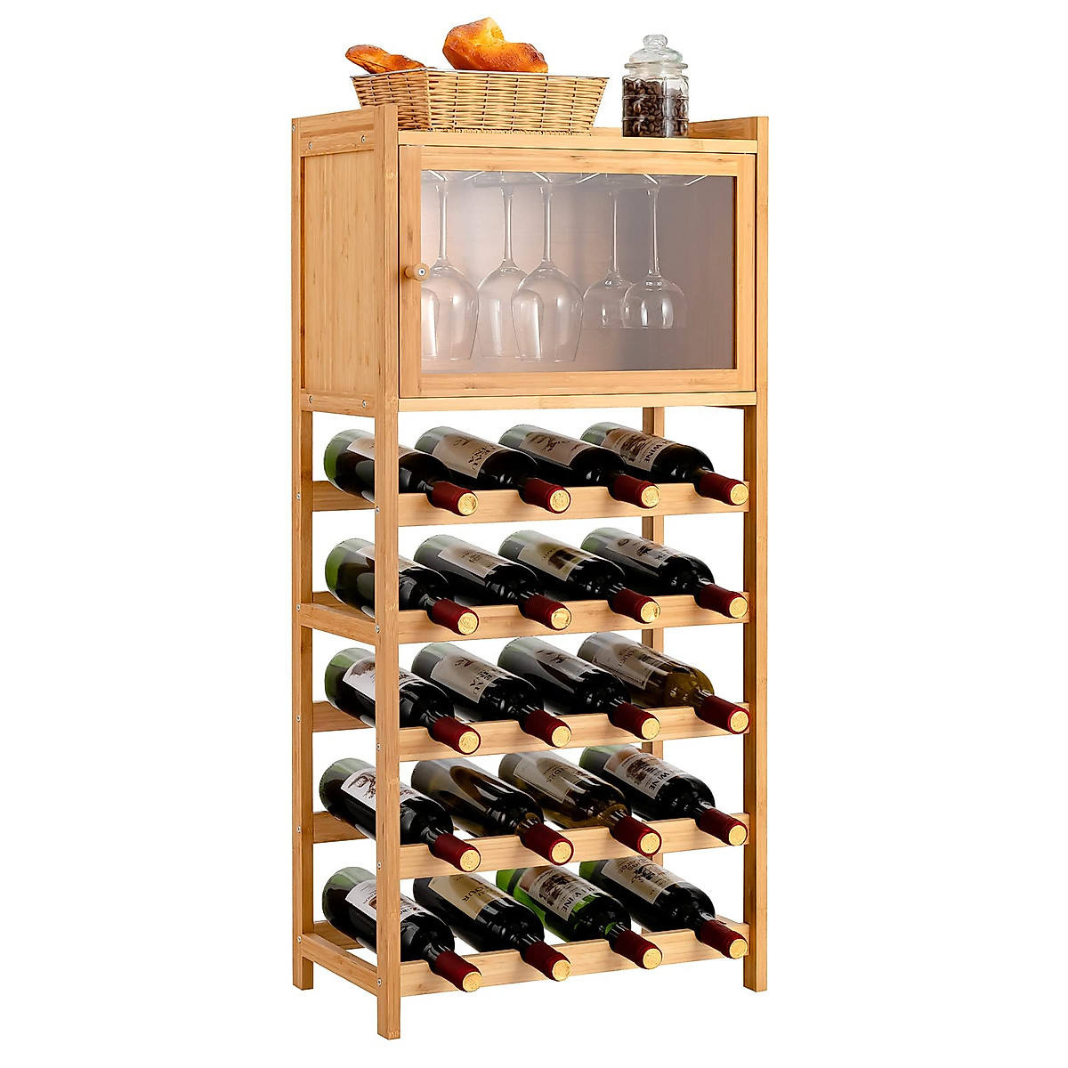 GOFLAME Floor Bamboo Wine Rack Cabinet, 20 Bottles Freestanding Wine Bottle Organizer with Glass Holder and Large Tabletop, Wine Display Storage Shelves for Dining Room, Kitchen, Pantry, Cellar, Bar
