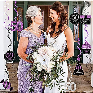50th Birthday Decorations for Women Purple Silver Black Qian’s Party Purple Silver Black Foil Hanging Swirls Decorations 50th Birthday Party Hanging Decor – Women 50th Birthday Party Decoration Swirls - Set of 15