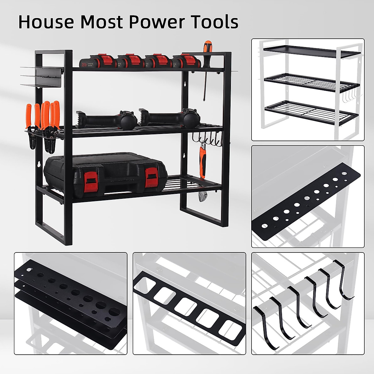 Volin Crik Power Tool Organizer,5 Drill Holder Wall Mount, 4 Layer Heavy Duty Metal Tool Shelf, Garage Tool Organizers and Tool Storage Rack，with Screwdriver Holder/Plier Holder/Hammer Holder