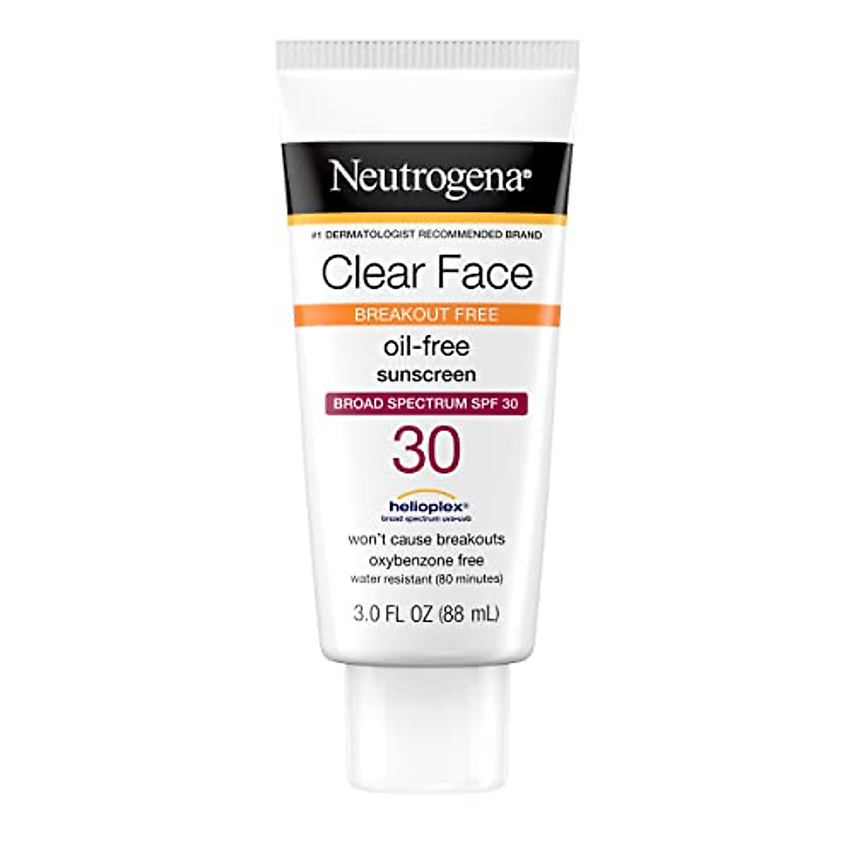 Neutrogena Clear Face Liquid Sunscreen for Acne-Prone Skin, Broad Spectrum SPF 30 Sunscreen Lotion with Helioplex, Oxybenzone-Free, Oil-Free, Fragrance-Free; Non-Comedogenic, 3 fl. oz