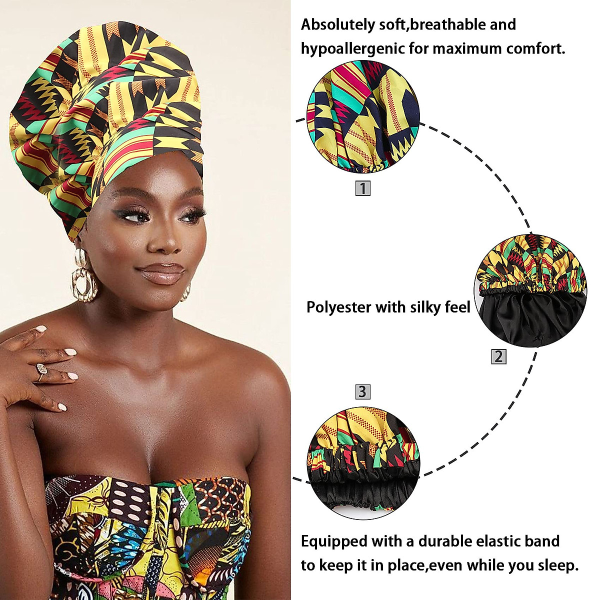 4 Packs Satin Bonnet for Women Silk Bonnet Sleep Cap African Print Head Scarf Head Wrap for Long Curly Natural Hair Braids Hat Large Soft Night Sleeping Cap Head Cover