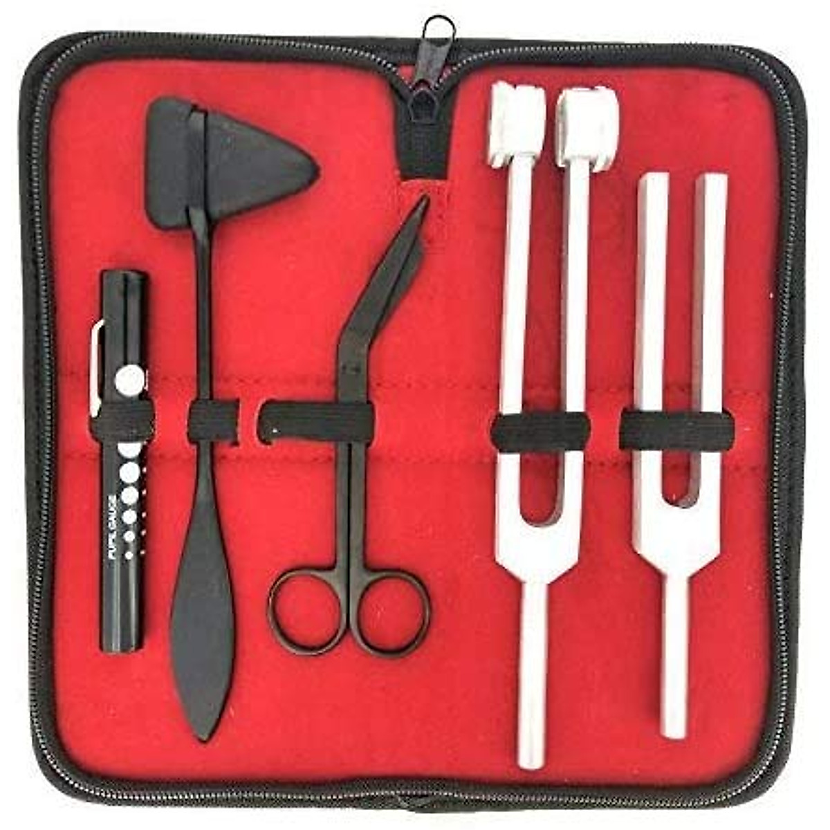 SURGICAL ONLINE Tactical Black - Set of Multi Purpose Diagnostic kit for Neurological, EMT and Eye EXAM, Reflex Percussion Taylor Hammer + Penlight + Tuning Fork C 128 C 512 + Bandage Scissors 5.5"