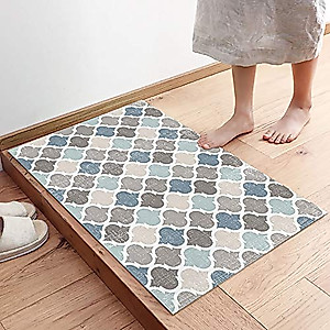 Houseown Kitchen Rugs and Mats 2 Pcs Set, Boho Moroccan Blue Grey Geometric Plaid Microfiber Kitchen Mat Non-Slip Washable Home Decor for Kitchen Floor Home Office Laundry