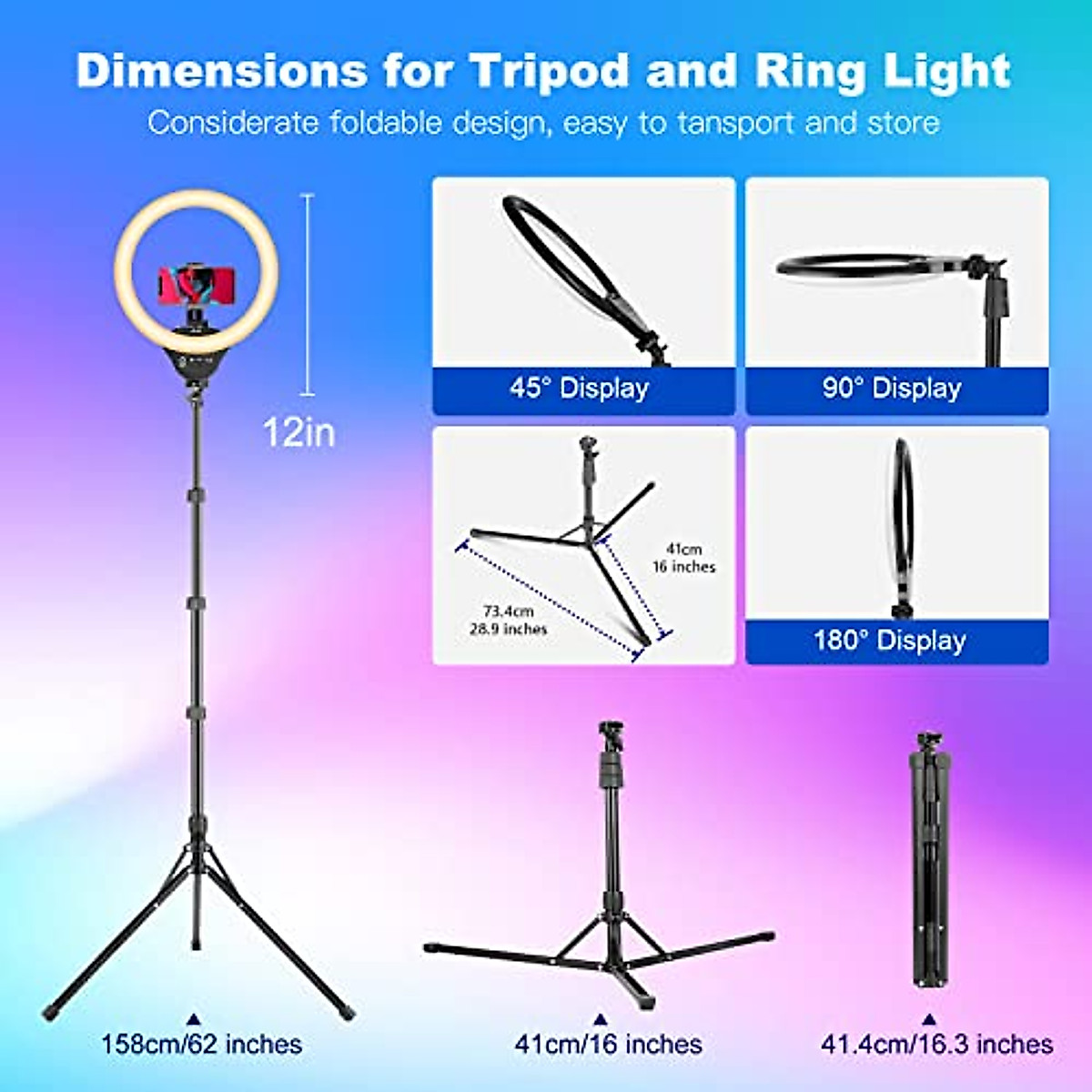 Aureday 12" Selfie Ring Light with Stand and Phone Holder, 15 Color RGB Ring Light with 62" Tripod, Dimmable LED Ringlight for Phone Photography, Live Stream, Creative Videos