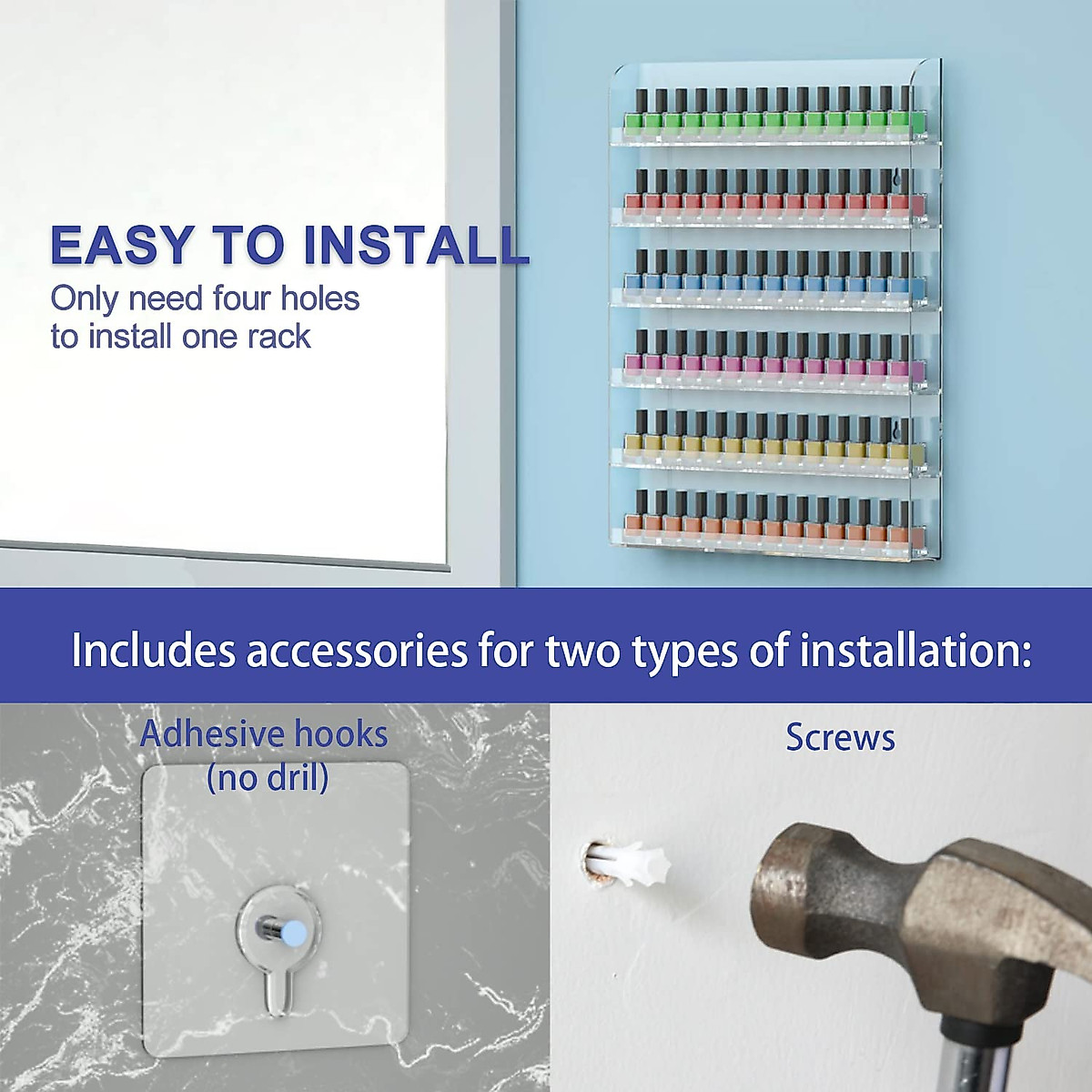 FEMELI 2 Pack Nail Polish Wall Racks 20 * 24 Inch Hold Up to 240 Bottles,Clear Acrylic Nail Polish Shelf Organizer Wall Mounted 6 Rows