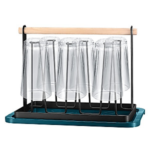 wugongshan Water Bottle Drying Rack, Cup Drying Rack, Coffee Mugs Wine Glass Drying Rack, Tumbler Bottle Drying Drainer Stand with Wood Handle & Removable Draining Tray for Kitchen Countertop