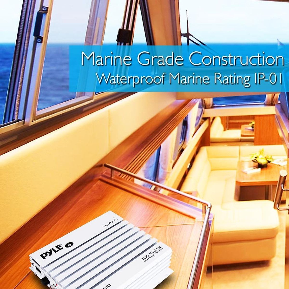 Pyle Hydra Marine Amplifier - Upgraded Elite Series 400 Watt 4 Channel Audio Amplifier - Waterproof, 12 volt, Dual MOSFET Power Supply, GAIN Level Controls, RCA Stereo Input & LED Indicator (PLMRA400)