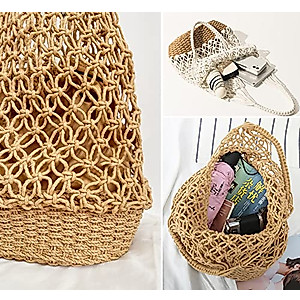 NIBD Women's Beach Straw Handbag Woven Tote Fishing Net Beach Bag Large Capacity Mesh Rope Combination Handbag (A)