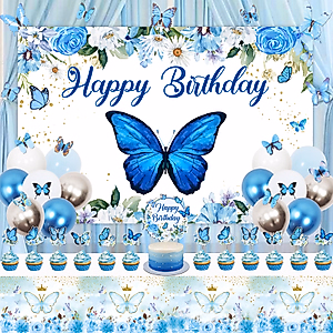 Balterever Blue Butterfly Birthday Party Decorations for Girl Butterfly Happy Birthday Backdrop Balloon Arch Kit Tablecloth Wall Stickers Cake Cupcake Toppers for Girl Butterfly Theme Birthday Party