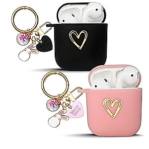 REDX1 [2 Pack] Airpods Case Gold Heart Design Protective Cover with Lucky Ball Keychain Accessories,Soft TPU for Women,Girl,Teen Compatible with Airpods 1&2nd Generation (Black,Pink)
