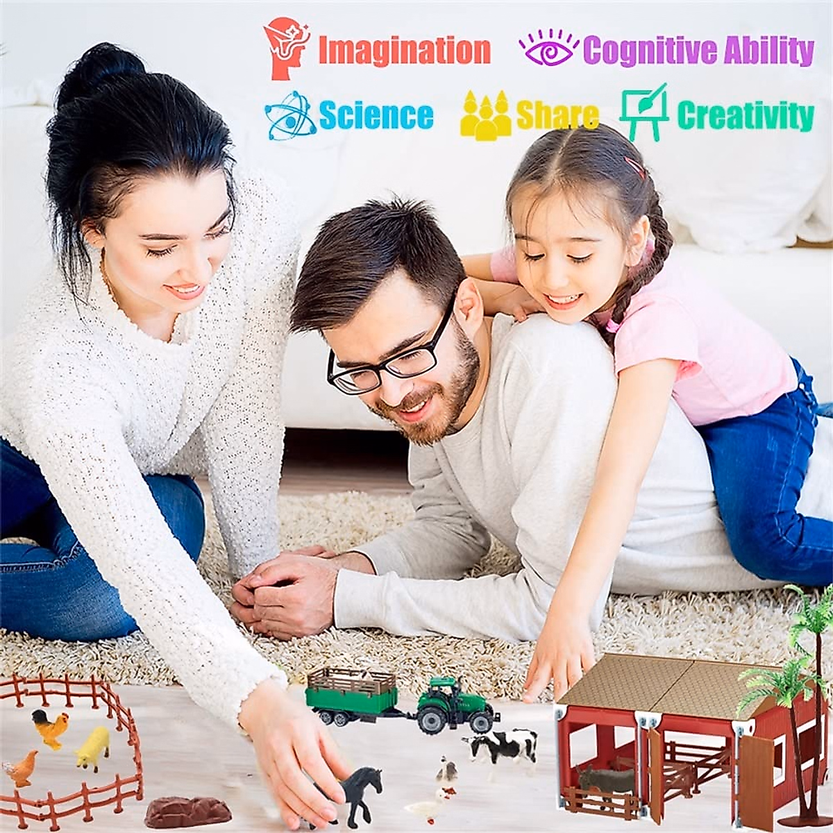 BOLZRA Mini Barn Farm Toys Playset, 66PCS Plastic Animals Figurines and Fence Farm Playset, Farm Figures Farmer Vehicle Toy Truck with Trailer for 3-12 Years Old Kids Boys Girls Toddlers