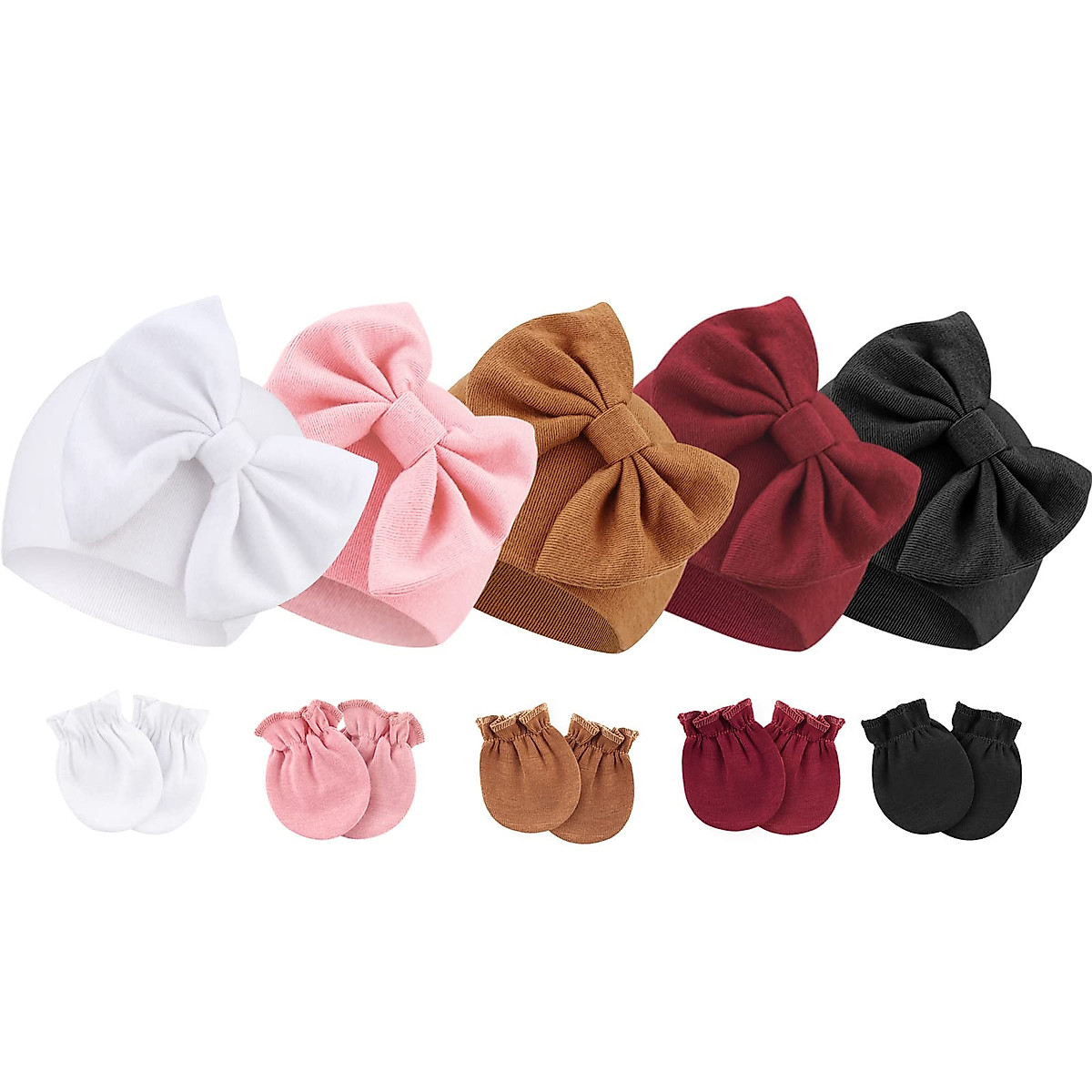 BQUBO Newborn Baby Girls Hats Mittens Set Hospital Hat Beanie Infant Bow Hats Baby Cotton Gloves No Scratch Mittens