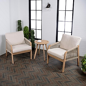 JONATHAN Y LVG1203A-3SET Aveiro 3-Piece Modern Bohemian Roped Acacia Wood Conversation Outdoor Patio Set with Cushions Coastal, Contemporary, Transitional, Rustic, Cottage, Beige/Light Teak