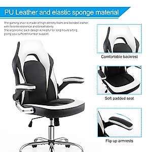 SMUG Gaming Ergonomic Office Computer Desk Racing Style Bonded Leather Gamer Chair, with Flip-Up Arms and Adjustable Height, White