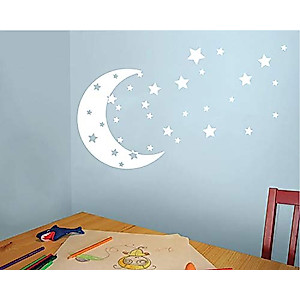 Moon and Stars Night Sky Vinyl Wall Art Decal Sticker Design for Nursery Room DIY Mural Decoration (White, 22x49 inches)