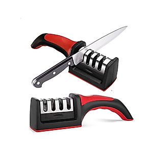 Generic Knife Sharpeners,4-in-1 Professional Stainless Steel Quick Knife Sharpener for Kitchen Knives–Ergonomic and Easy to Use Kitchen Knife Sharpeners with 4 Stage Sharpening Slots (Red and Black)