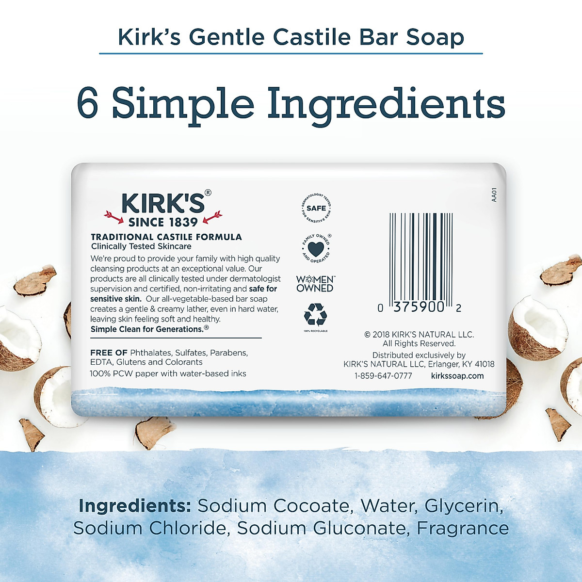 Kirk's Castile Bar Soap for Men, Women & Children - Made With Premium Coconut Oil, Sensitive Skin Formula, Vegan, Non GMO, Original Fresh Scent, 4 oz. Bars, 6 Pack