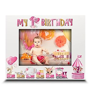 BELLA BUSTA-My 1st Birthday-Baby Boy, Baby Girl First Birthday-UV Print Gloss White Picture Frame (Girl, 5x7 Horizontal)