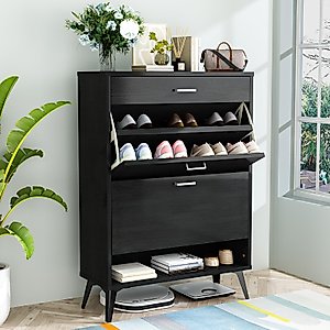 AWQM Shoe Cabinet, Modern Shoe Storage Cabinet with Hidden 2 Flip Drawers and Slide Drawer, Freestanding Slim Shoe Organizer Racks for Entryway, Hallway - Black