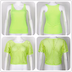 Smile Fish Women Casual Sexy 80s Costumes Fishnet Neon Off Shoulder T-Shirt (Neon-Green US 10/Tag Size L)