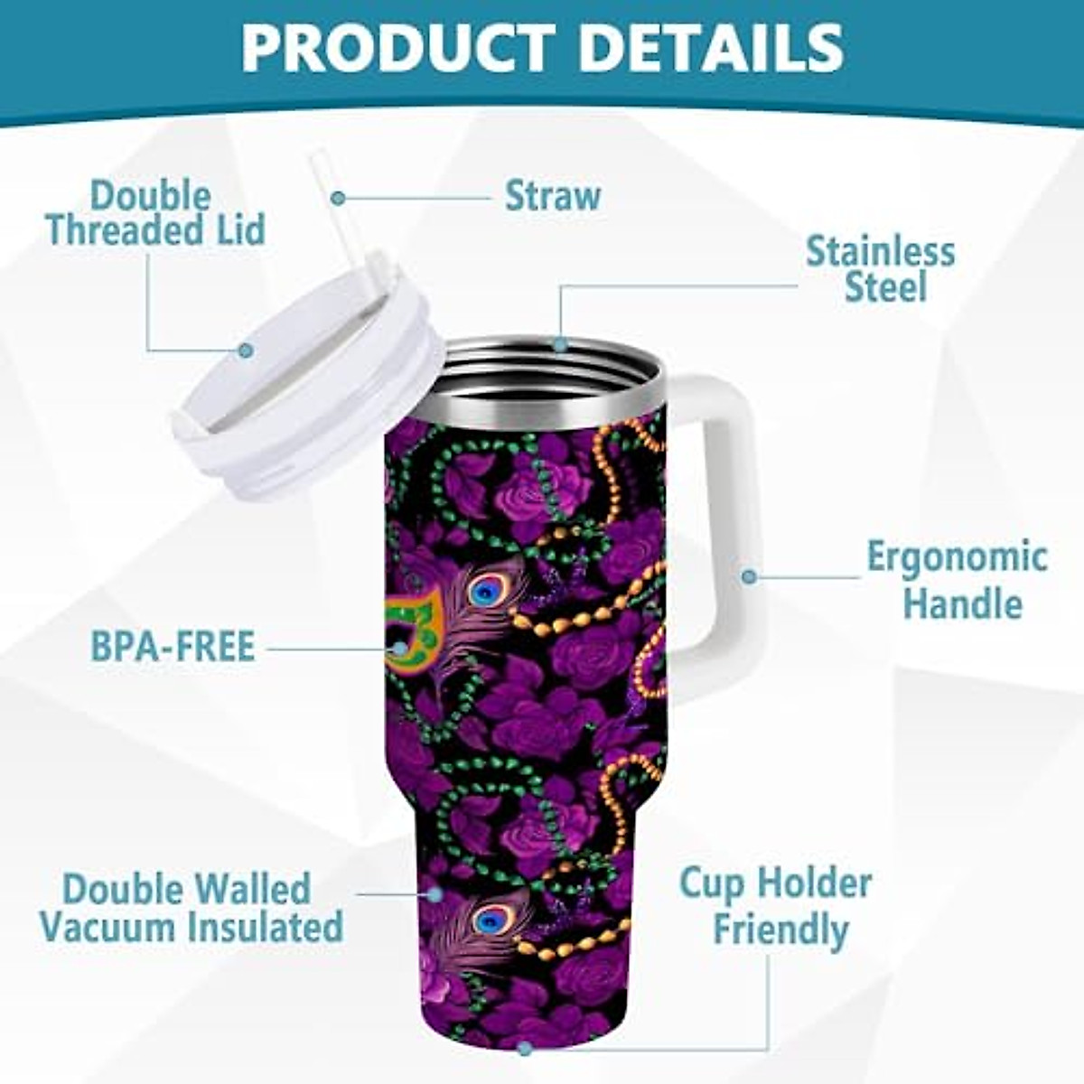 RPLIFE Floral Purple 40oz Tumbler with Handle, Stainless Steel Coffee Mug, Insulated Cups with Lids
