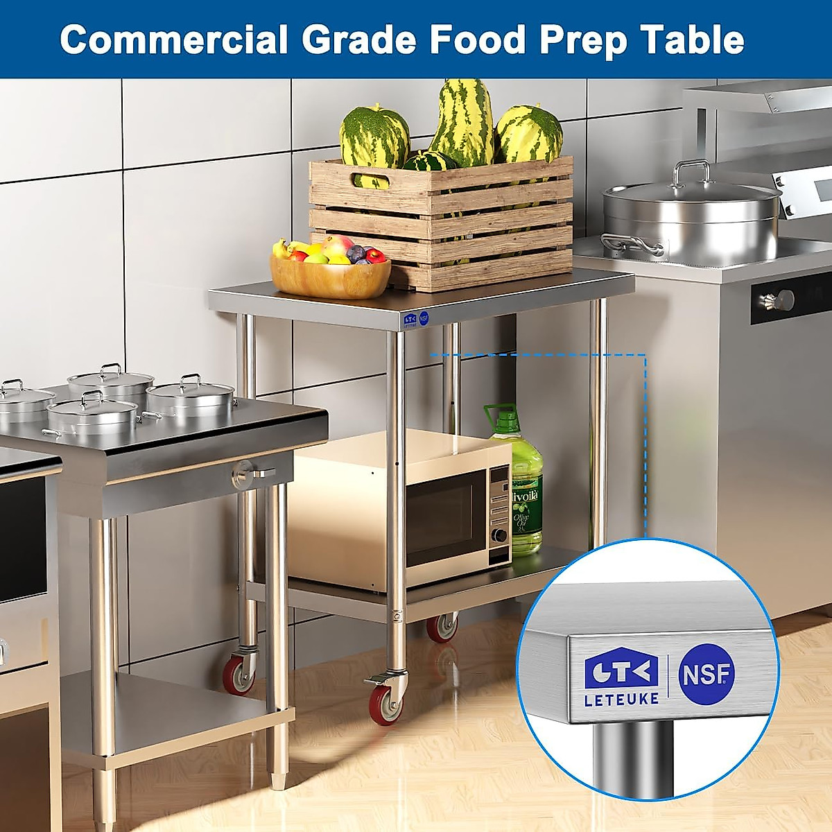 Leteuke Stainless Steel Prep Table, NSF Metal Work Table, SUS201 Commercial Heavy Duty Table with Adjustable Undershelf, Food Prep Table with Wheels for Restaurant Kitchen - 36" x 24" x 37"