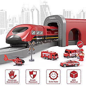 Train Sets for Boys 4-7, 66 Pcs Battery Operated Train Set with Tracks(Magnetic Connection), Compatible with Thomas, Brio, Chuggington, Gifts for 3 4 5 6 Years Old (66pcs Fire Truck)