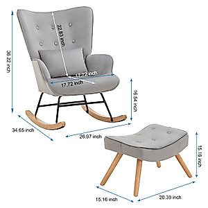 Artechworks Modern Velvet Rocking Chair, Glider Chair with Ottoman Cushion, Nursery Mid Century Upholstered Tufted Chair Rocking Armchair Rocker Accent Chair for Livingroom, Balcony, Grey
