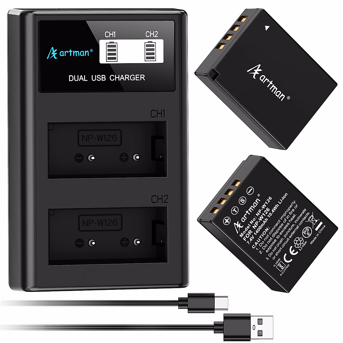 Artman NP-W126 NP-W126S Battery and LCD Dual Charger for Fujifilm X100V, X100VI, X100F, X-T100, X-T200, X-T1, X-T2, X-T3, X-T10, X-T20, X-T30 II, X-S10, X-A5, X-A10, X-E4, X-Pro2, X-Pro3 (2-Pack)