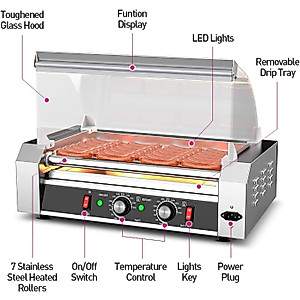 TREEYX 7 Roller Grill Hot Dog Warmers Cooker Machine Stainless Steel with Dual Temp Control, Detachable Acrylic Cover LED