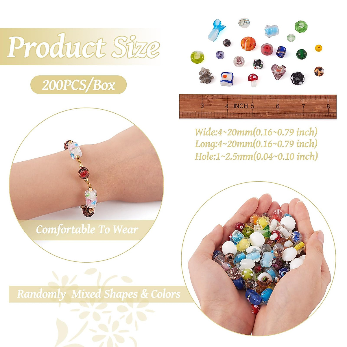 Craftdady 200 pcs Mixed Shapes & Colors Lampwork Glass Beads Loose Beads Fit Most Major Charm Bracelets, 4-20x4-20mm, Hole: 1-2.5mm