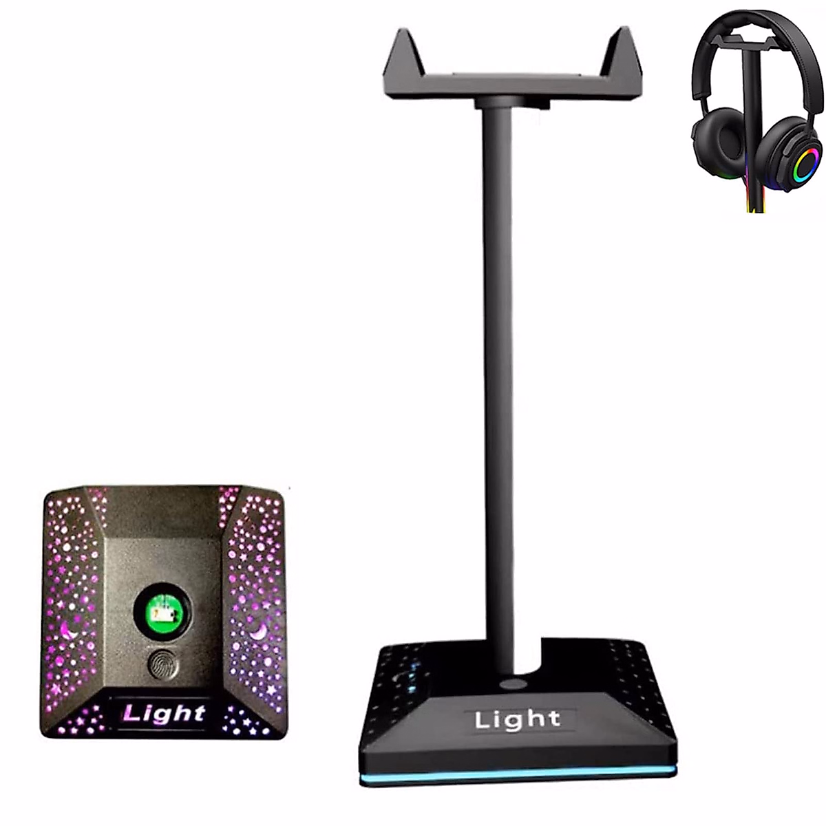 MOCIUN USB Gaming Desktop Headphone Display Stand, RGB Gaming Headphone Stand with Usb2.0 Hub and 3.5mm Port Audio T-ouch Control Led Strip Lamp (A)