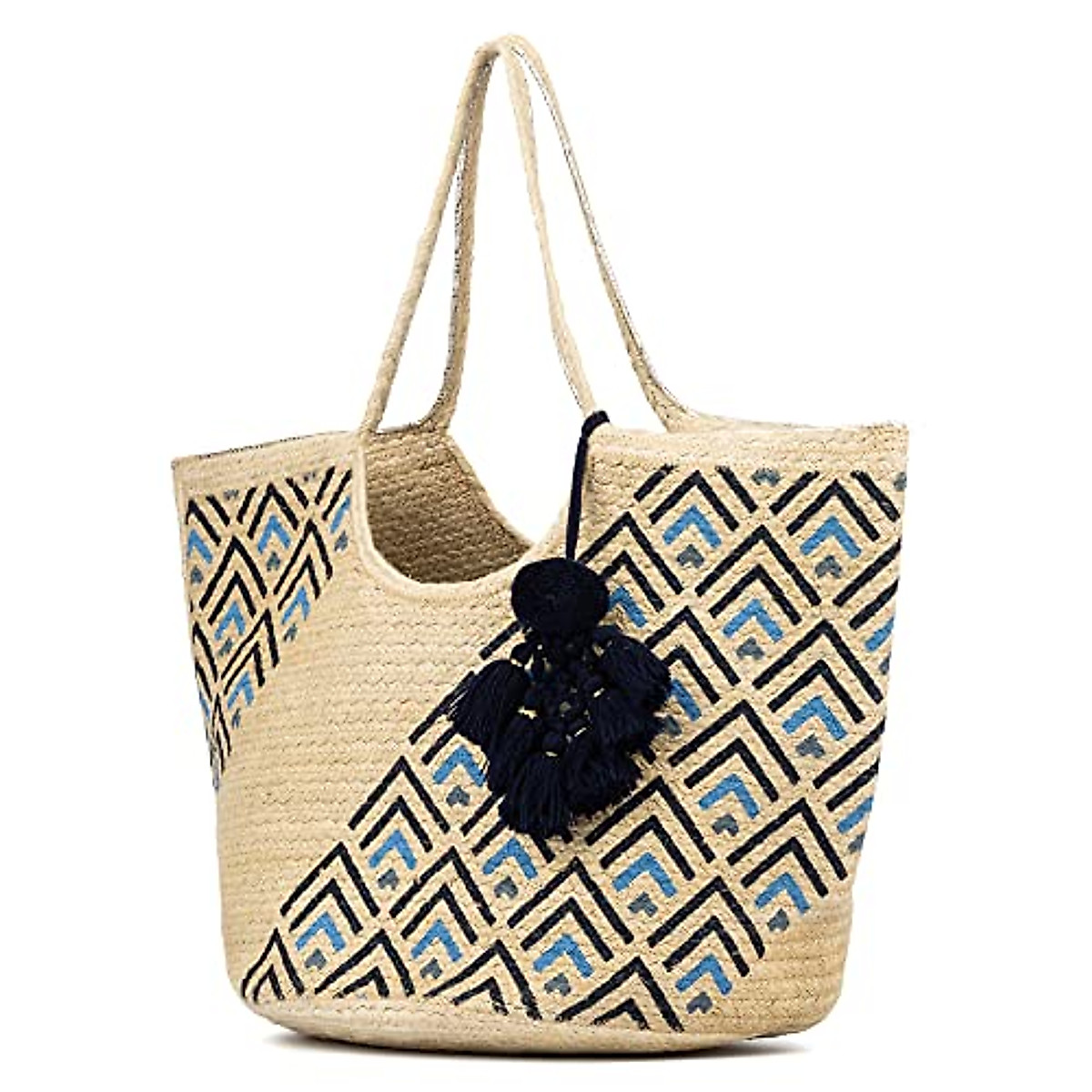 Olivia Miller Women's Fashion Maggy Natural Beige w Geometric Print Straw Jute Tote Bag w Top Handles, Medium Boho Casual Purse Handbag