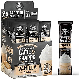 The Frozen Bean - Vanilla Bean Coffee Frappe & Latte Instant Mix with Arabica Coffee, Double Caffiene, Low Sugar - for Hot, Iced, or Frappuccino-Style Blended Drinks - (20) 0.53oz Single Serve Sticks