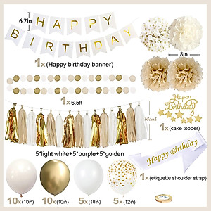 Upgraded Gold White Birthday Party Decorations for Girls Women Men with Happy Birthday Sash,Banner,Tissue Pompoms,Circle Dots Garland,Paper Tassels Garland, cake topper for Her Birthday Decor