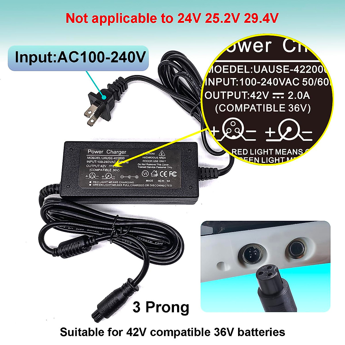 UAUSE 3 Prong 42V Charger, Suitable for 36V Pocket Mod Sports Mod Lithium Batteries Charger, for Replacing 36V Electrical Equipment Chargers