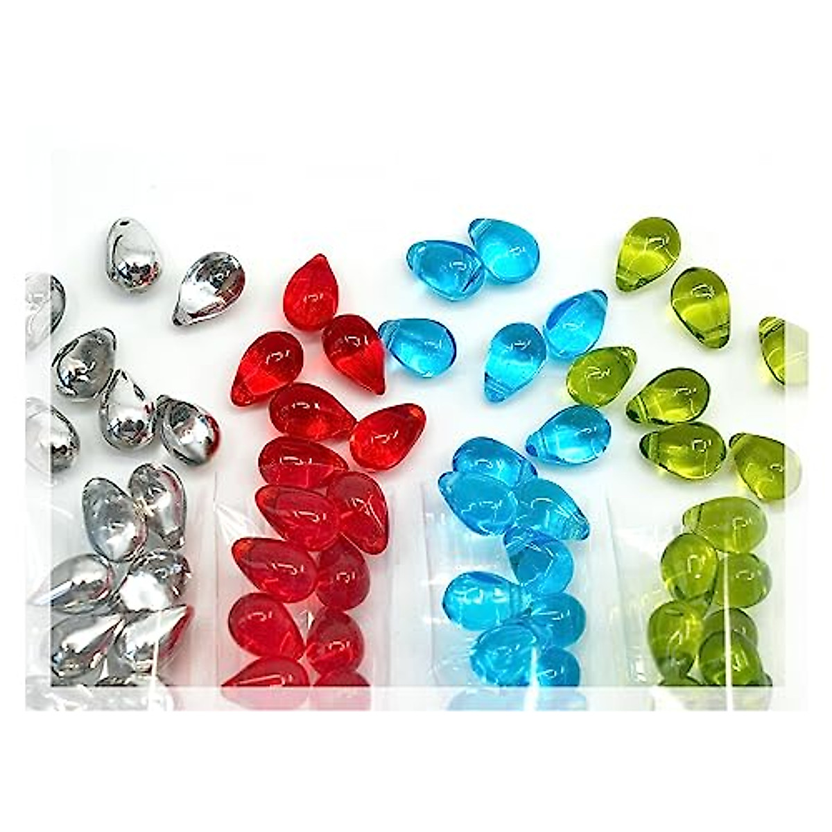 Teardrop Glass Beads for Jewelry Making Set - 120+ Bead Kit of 6x9mm Pendant Drop Beads in 4 Bright Distinct Colors: Blue, Red, Olive Green, Half Silver