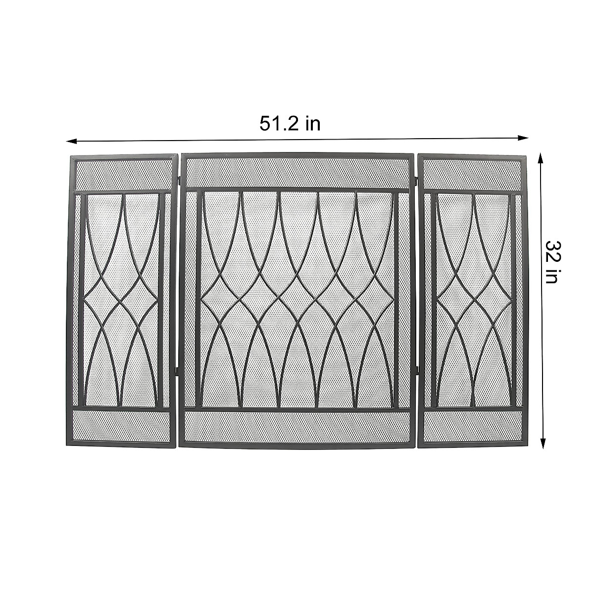 Large Metal 3-Panel Fireplace Screen Black Decorative Wrought Iron Mesh Fireplace Gate 51''(L) x 32''(H)