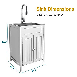 VINGLI 24-Inch Laundry Sink with Cabinet and Pull-Out Sprayer Faucet, Stainless Steel Utility Sink with Cabinet, White Cabinet with Sink for Laundry & Utility Room, Kitchen, Bathroom, Basement